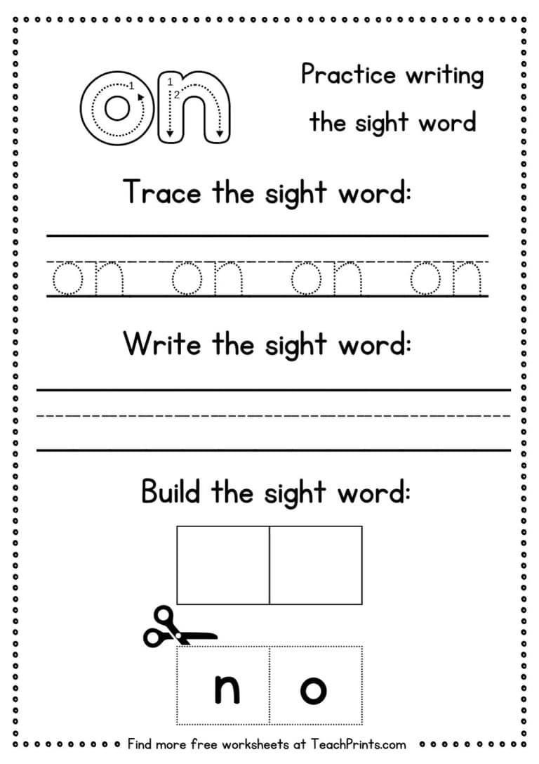 Free Sight Word 'On' Worksheets - Teach Prints