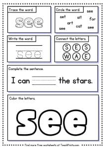 Free Sight Word 'See' Worksheets - Teach Prints
