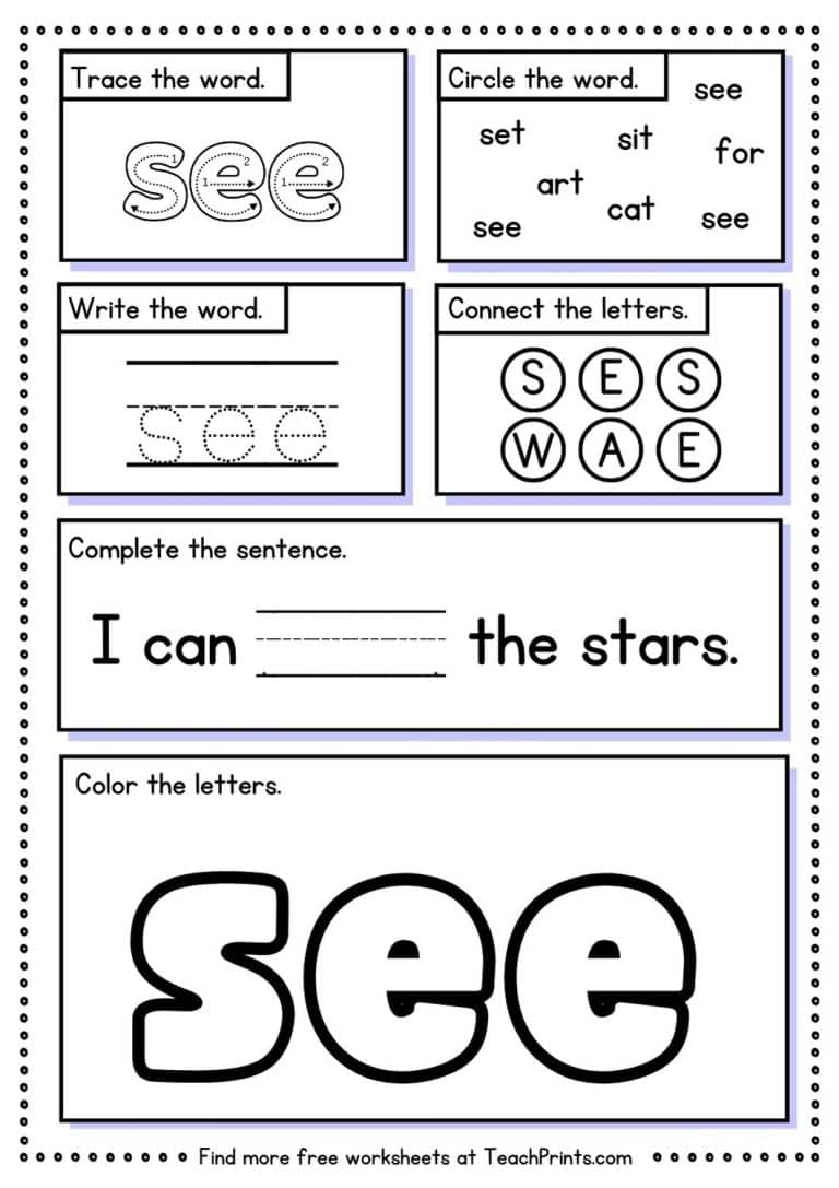 Free Sight Word 'See' Worksheets - Teach Prints