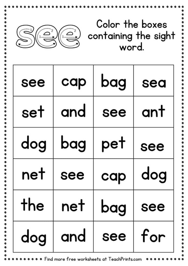 Free Sight Word 'See' Worksheets - Teach Prints