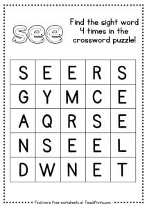 Free Sight Word 'See' Worksheets - Teach Prints