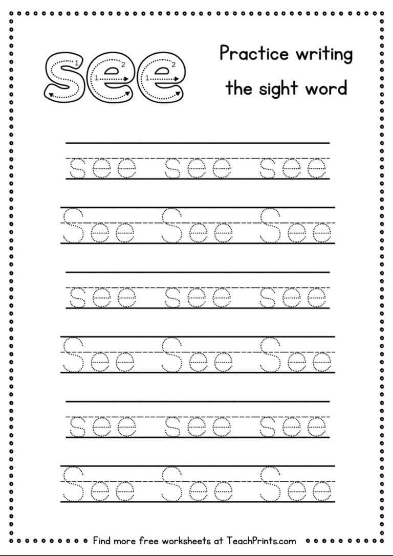 Free Sight Word 'See' Worksheets - Teach Prints