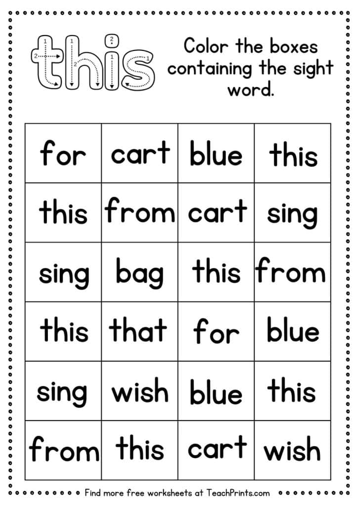 Free Sight Word 'This' Worksheets - Teach Prints