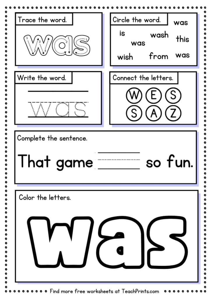 Free Sight Word 'Was' Worksheets - Teach Prints