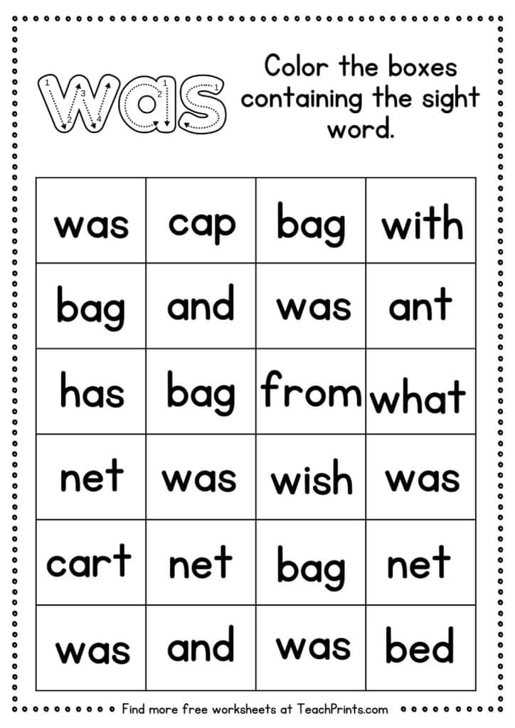 Free Sight Word 'Was' Worksheets - Teach Prints