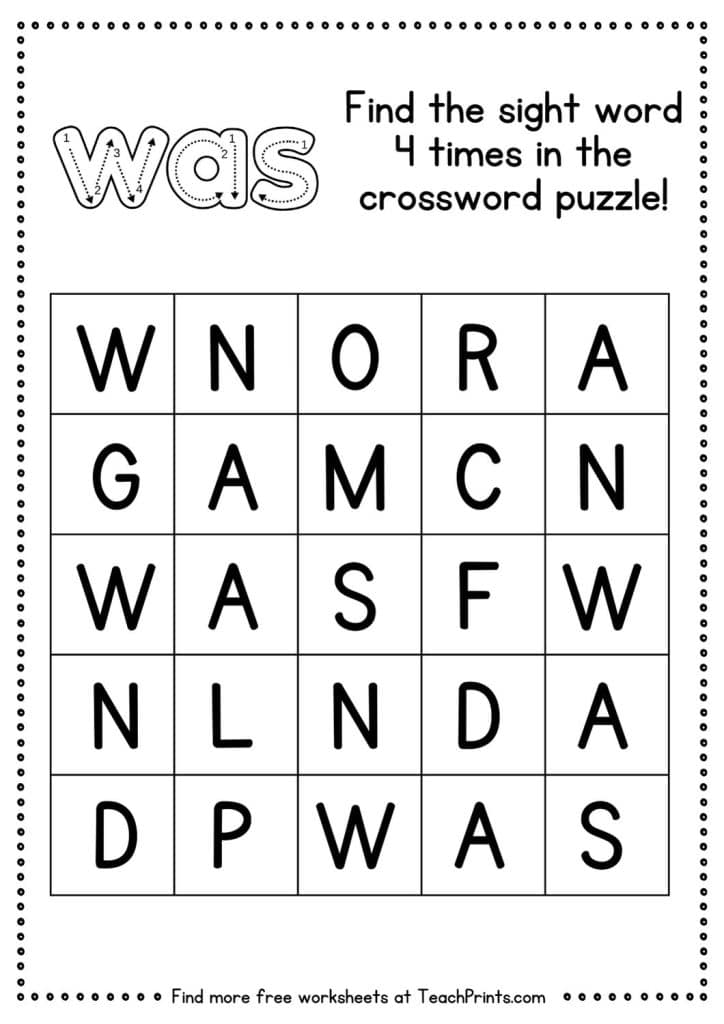 Free Sight Word 'Was' Worksheets - Teach Prints