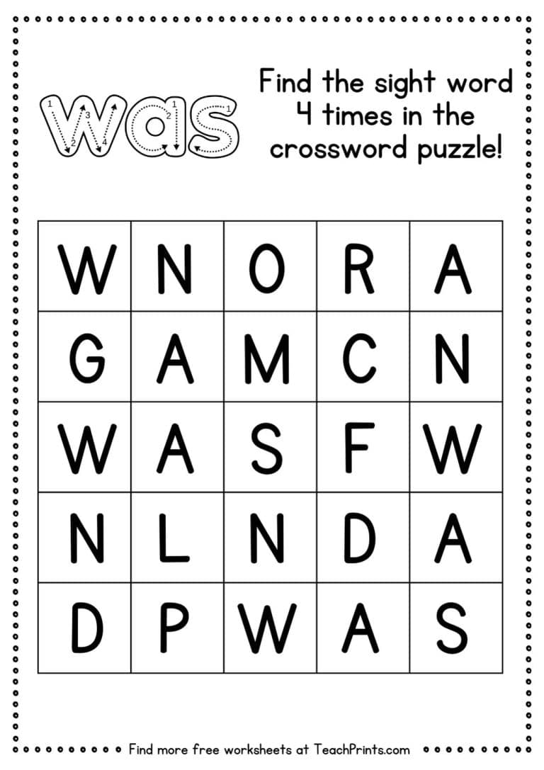 Free Sight Word 'Was' Worksheets - Teach Prints
