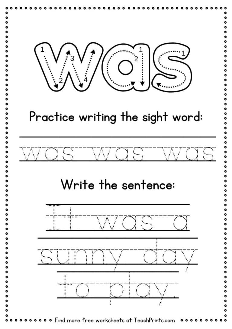 Free Sight Word 'Was' Worksheets - Teach Prints