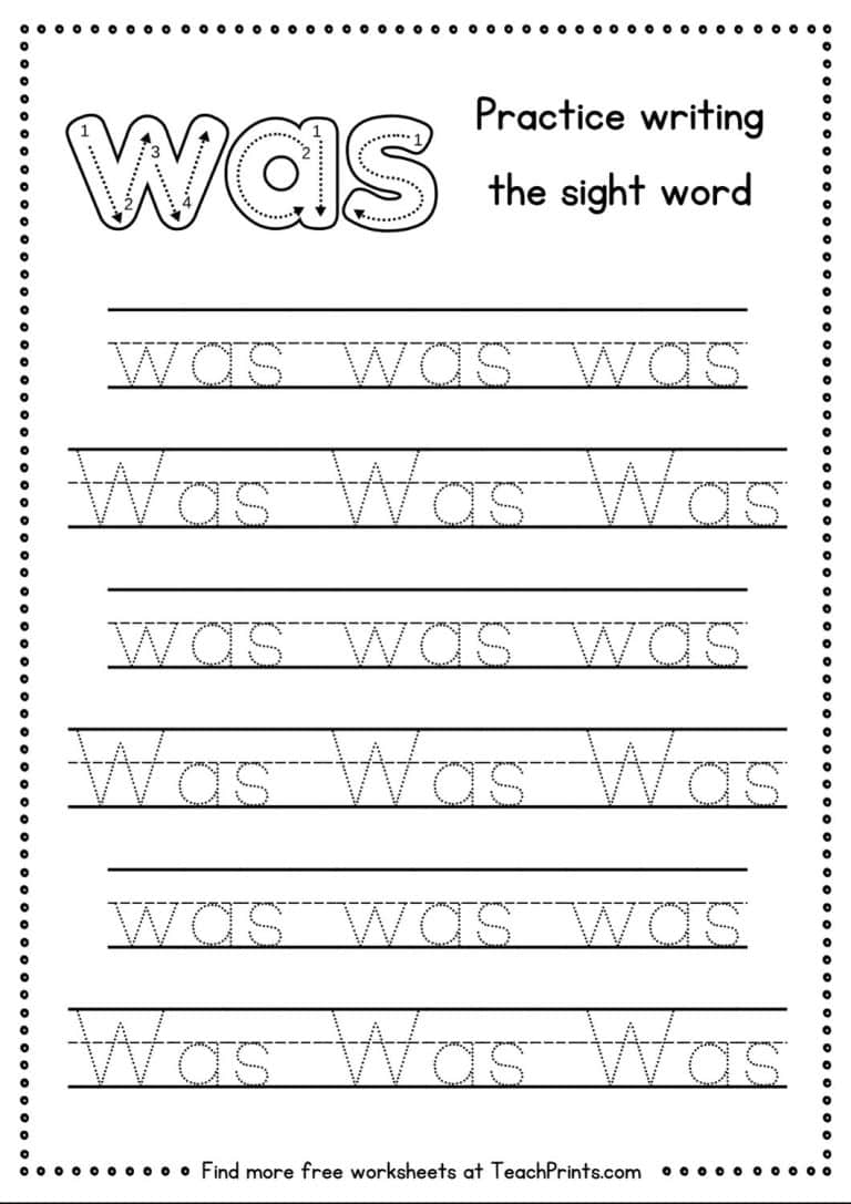 Free Sight Word 'Was' Worksheets - Teach Prints