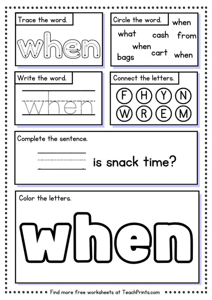 Free Sight Word 'When' Worksheets - Teach Prints