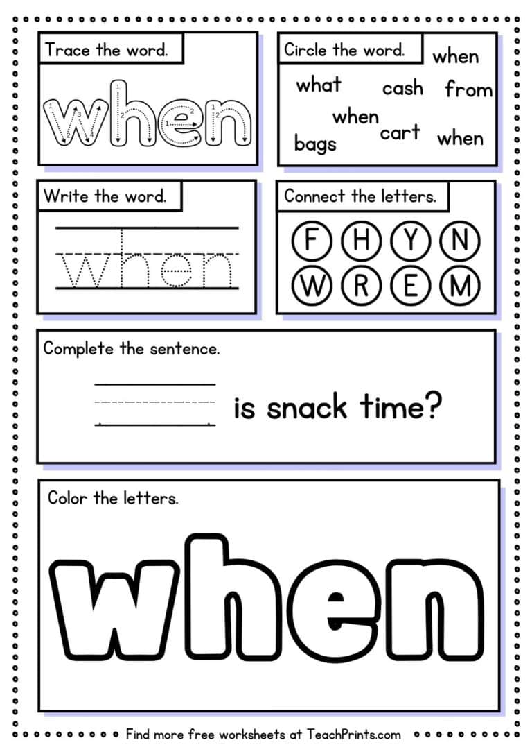 Free Sight Word 'When' Worksheets - Teach Prints