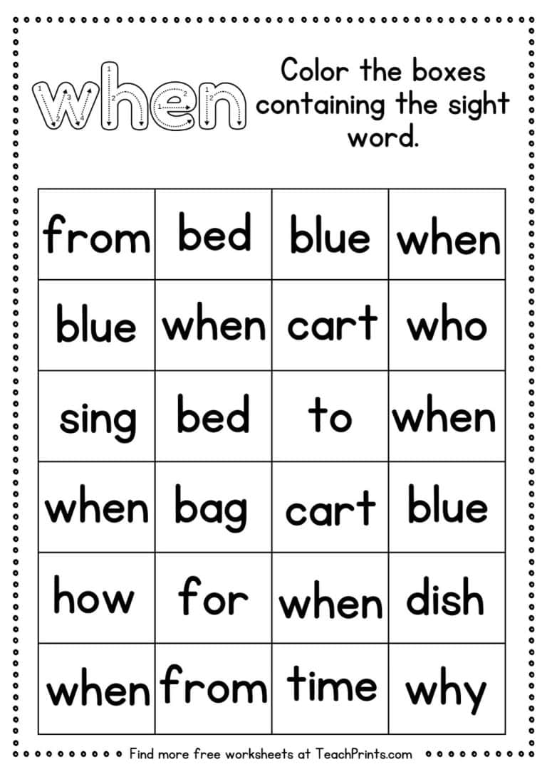 Free Sight Word 'When' Worksheets - Teach Prints