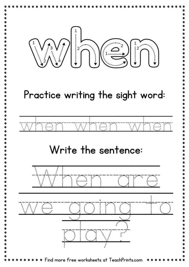 Free Sight Word 'When' Worksheets - Teach Prints