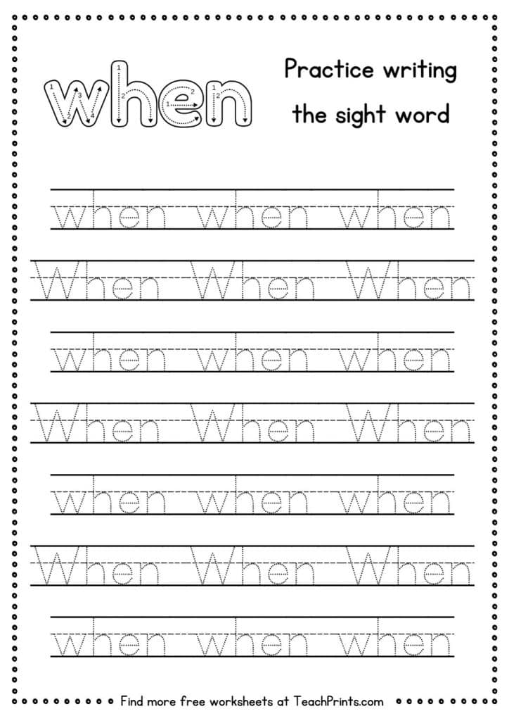 Free Sight Word 'When' Worksheets - Teach Prints