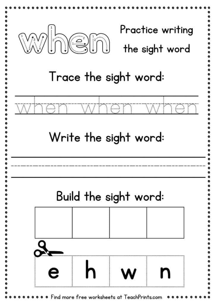 Free Sight Word 'When' Worksheets - Teach Prints