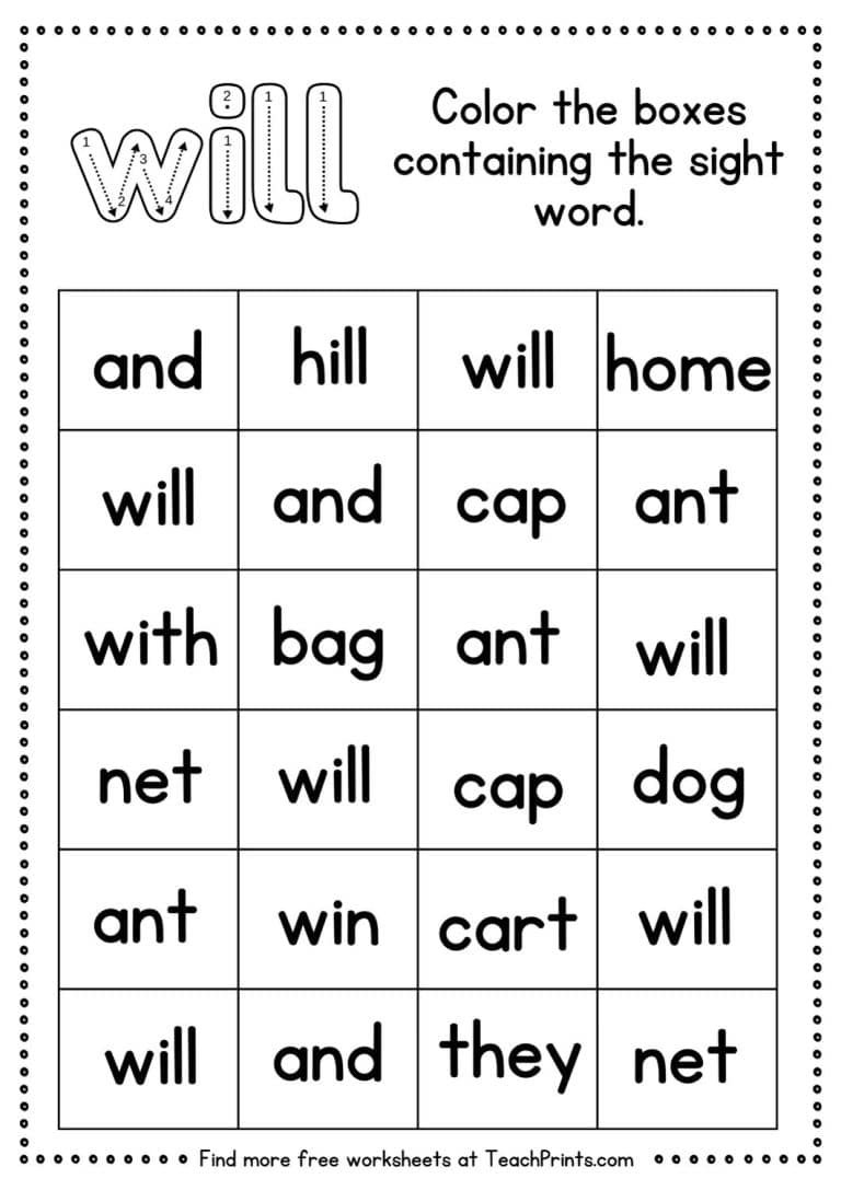 Free Sight Word 'Will' Worksheets - Teach Prints