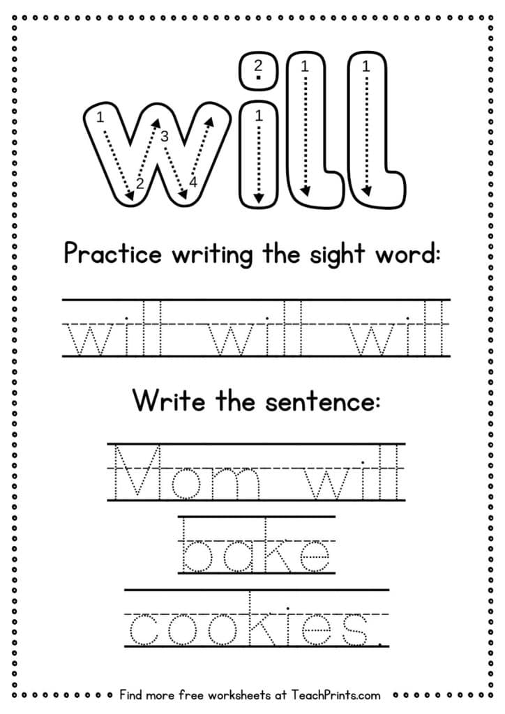 Free Sight Word 'Will' Worksheets - Teach Prints