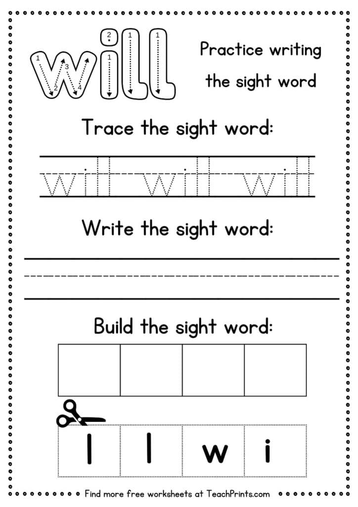Free Sight Word 'Will' Worksheets - Teach Prints