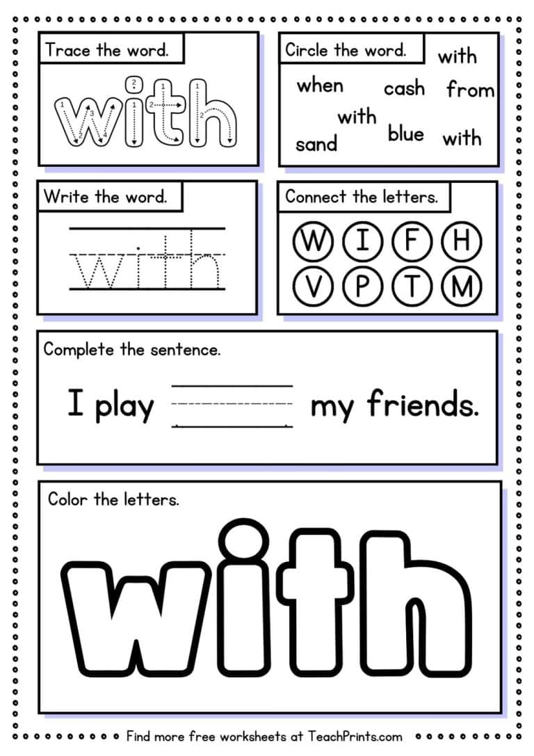 Free Sight Word 'With' Worksheets - Teach Prints