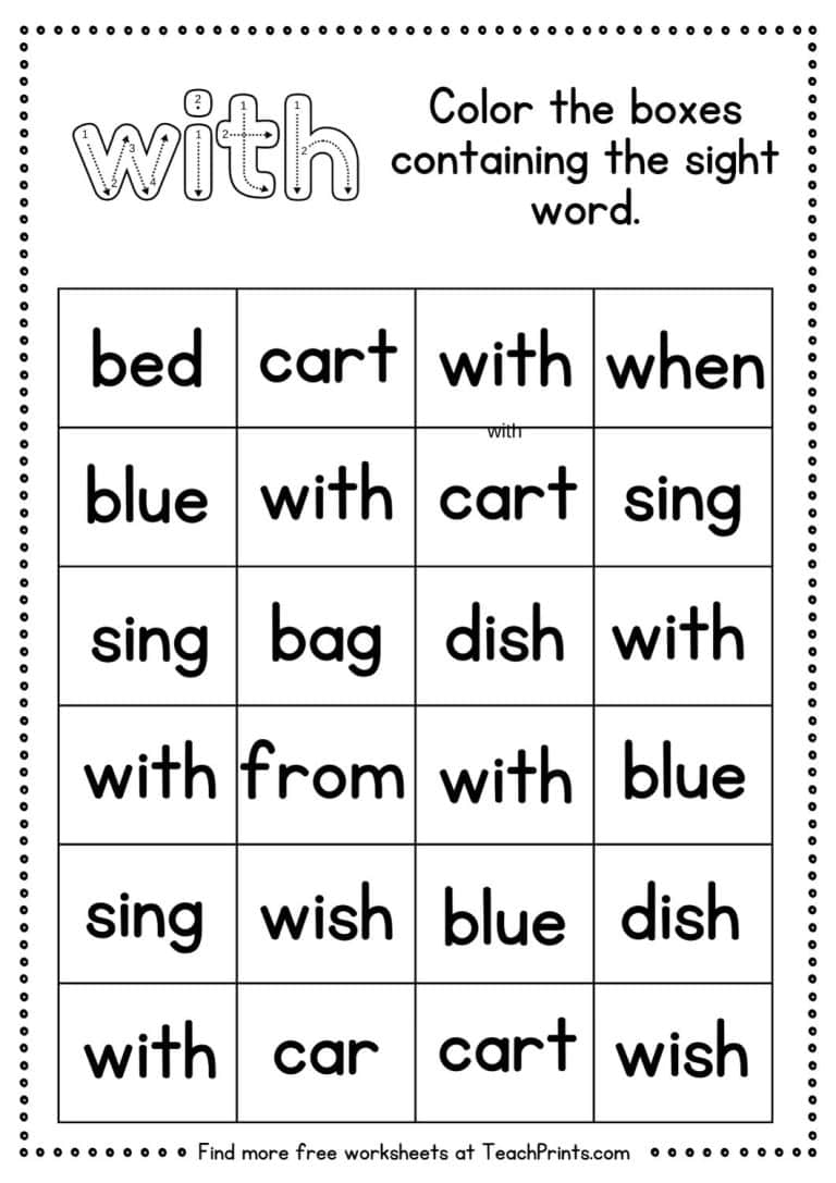 Free Sight Word 'With' Worksheets - Teach Prints