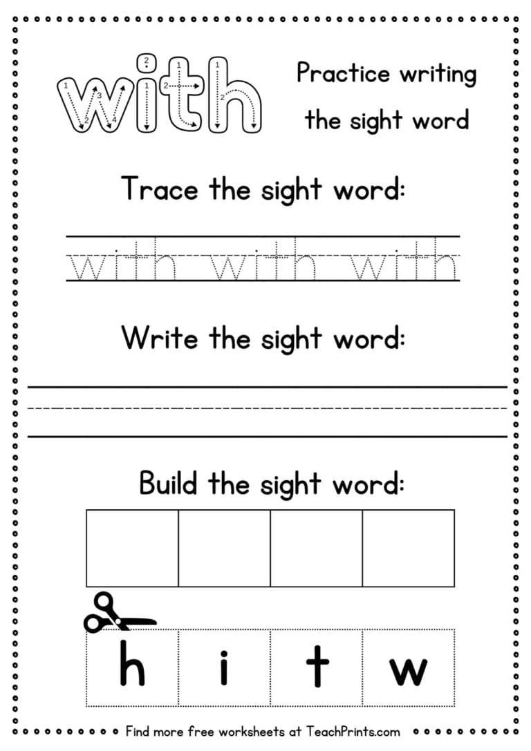 Free Sight Word 'With' Worksheets - Teach Prints