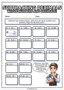 Free Subtracting Decimals Worksheets - Teach Prints
