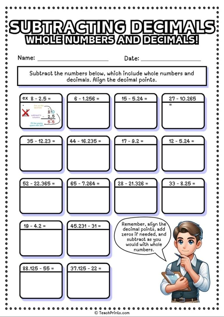 Free Subtracting Decimals Worksheets - Teach Prints