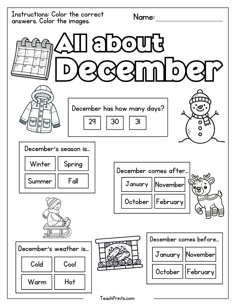 December Worksheets - 8 Free PDF Printables - Teach Prints