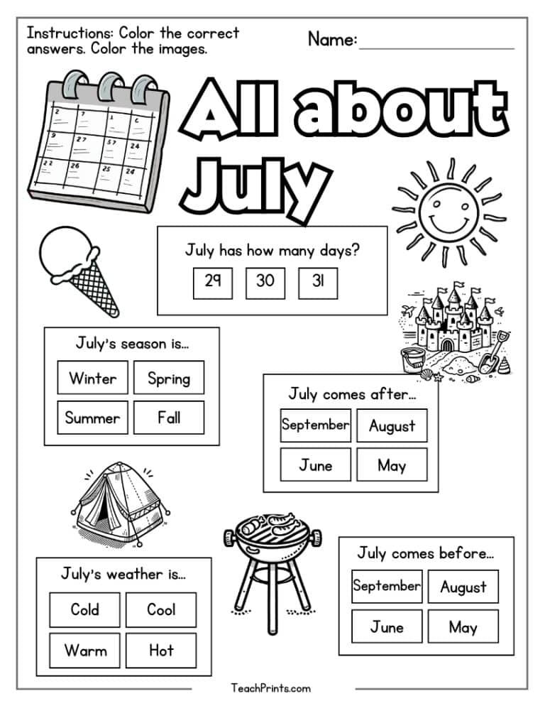 July Worksheets - 8 Free PDF Printables - Teach Prints