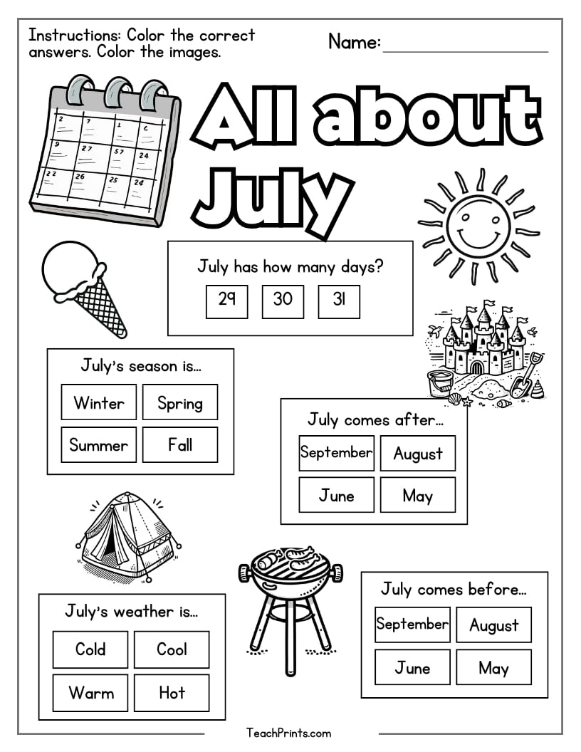 July Worksheets - 8 Free PDF Printables - Teach Prints