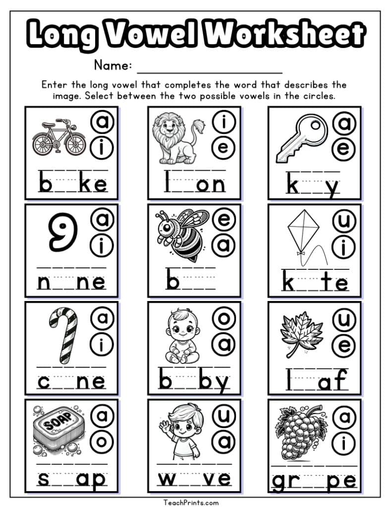 8 Long Vowel Worksheets - Free PDF Printables - Teach Prints