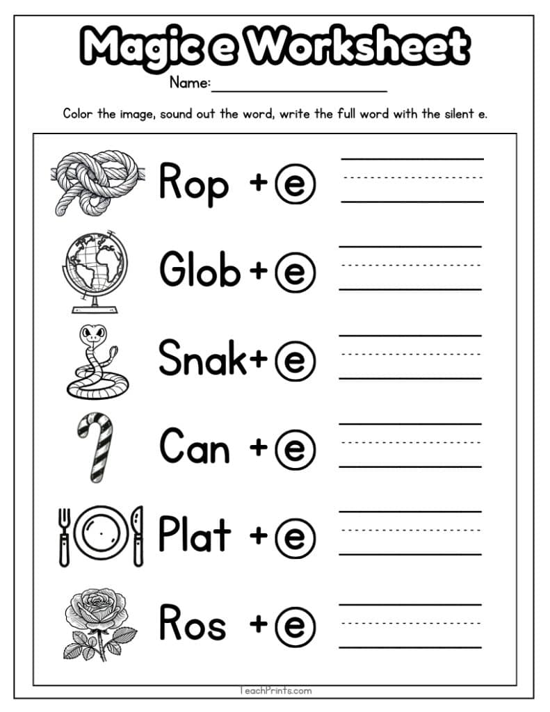 13 Magic E Worksheets - Free PDF Printables - Teach Prints