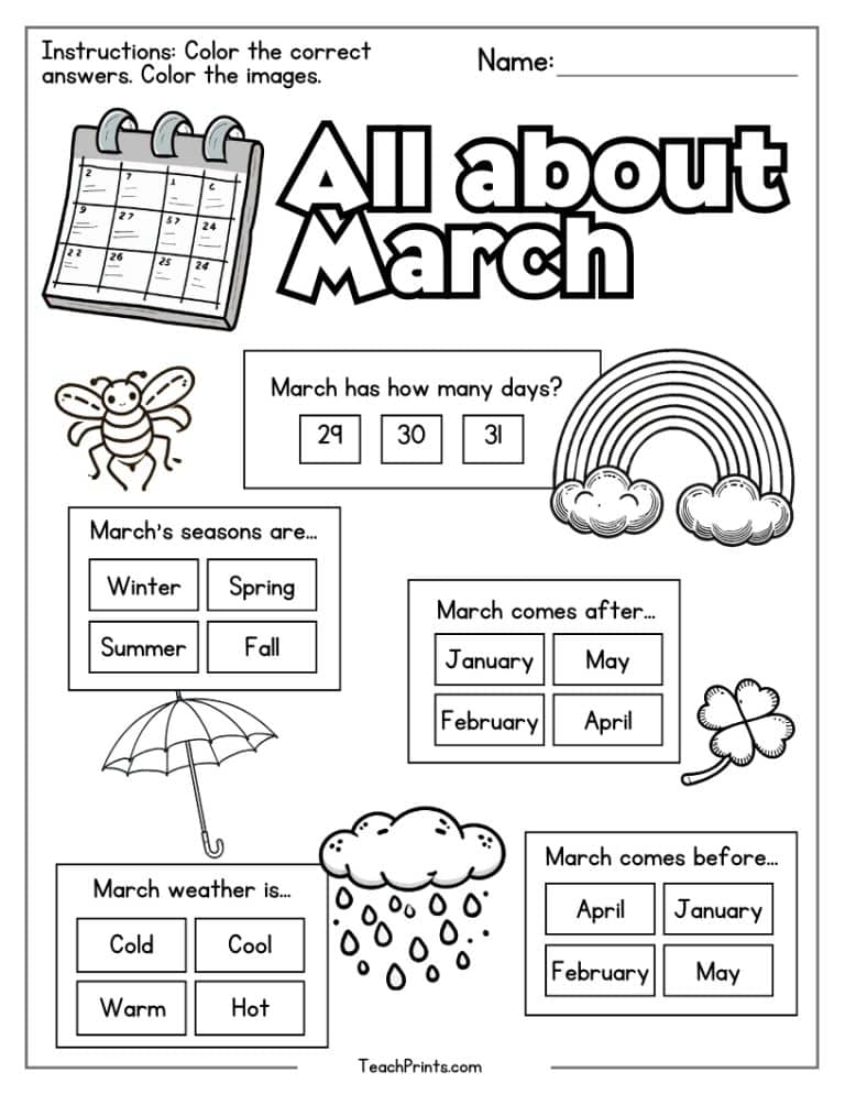 March Worksheets - 8 Free PDF Printables - Teach Prints