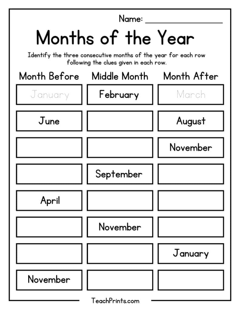 Months of the Year Worksheets - Free PDF Printables - Teach Prints