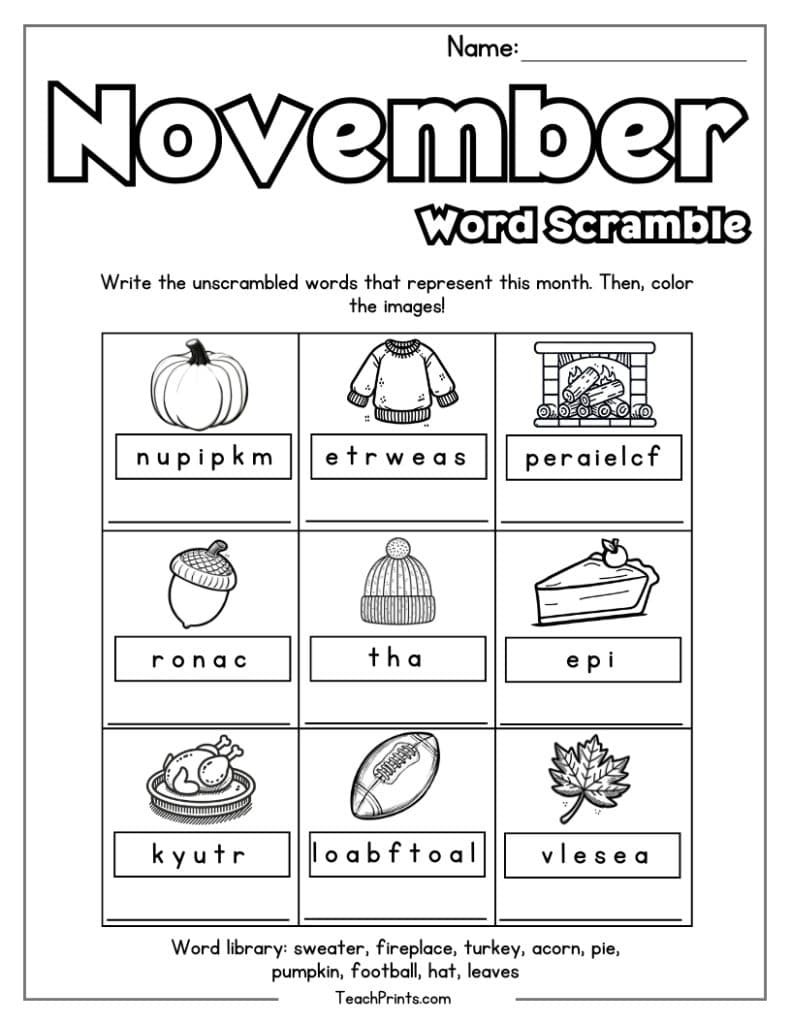 November Worksheets - 8 Free PDF Printables - Teach Prints
