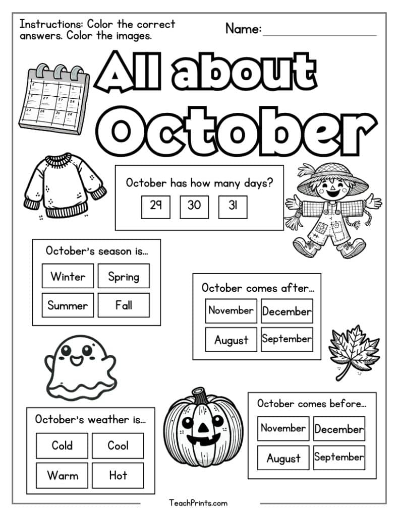 October Worksheets - 8 Free PDF Printables - Teach Prints