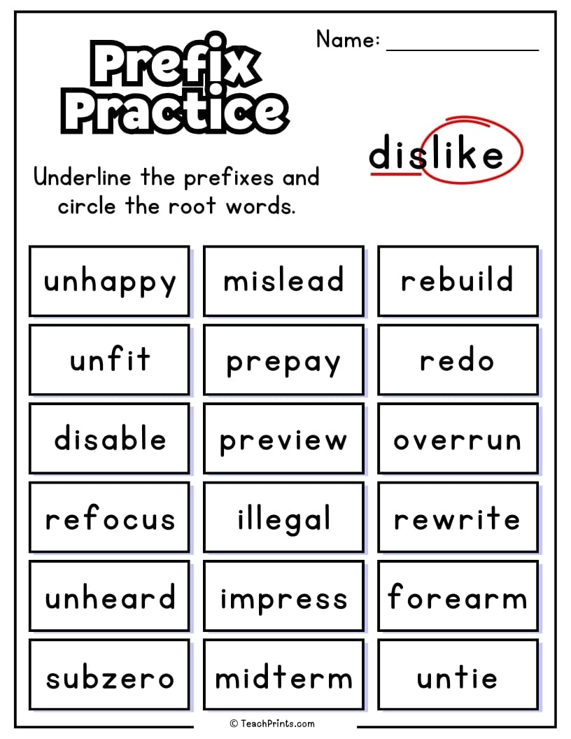 Prefix Worksheets 10 Free PDF Printables Teach Prints