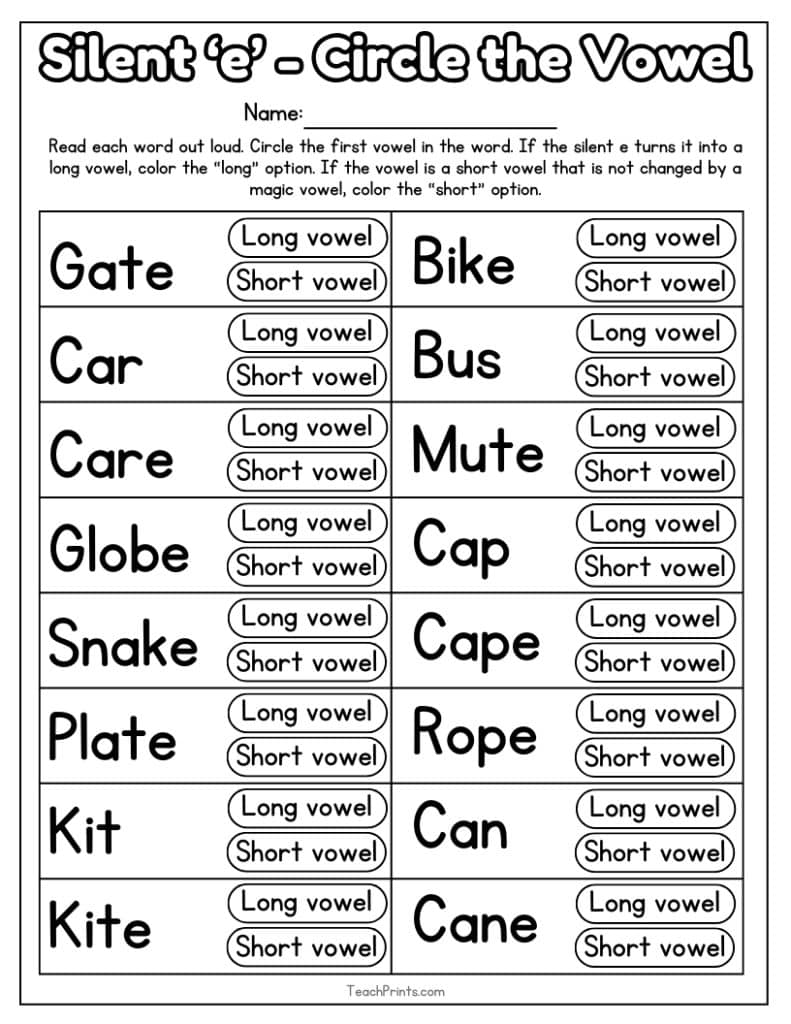 13 Silent E Worksheets (Free PDF Printables) - Teach Prints