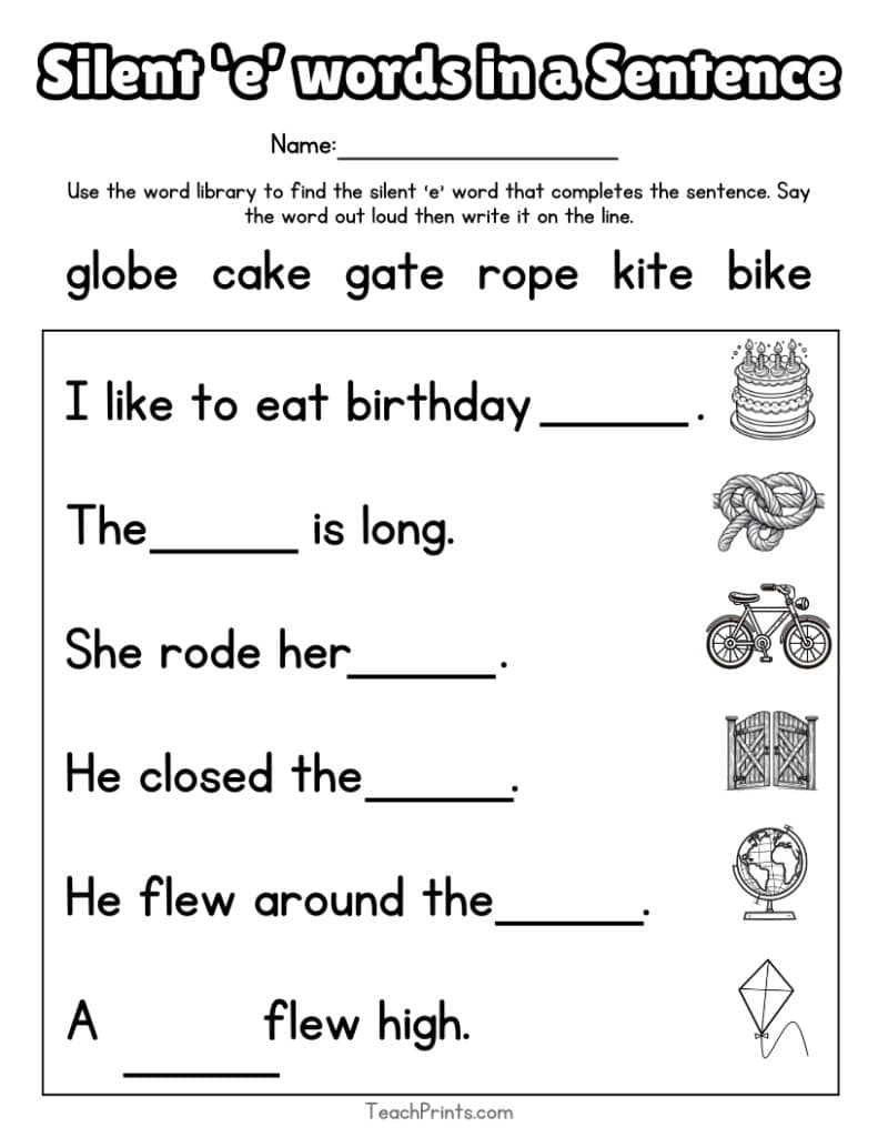 13 Silent E Worksheets (Free PDF Printables) - Teach Prints