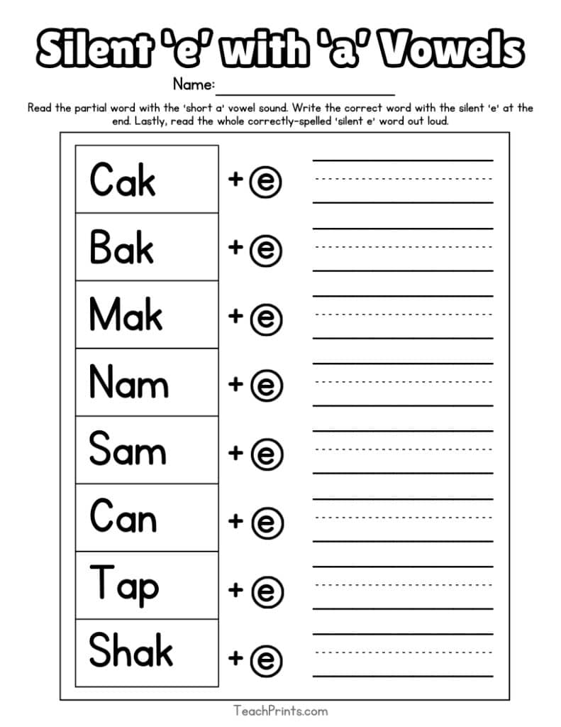13 Silent E Worksheets (Free PDF Printables) - Teach Prints
